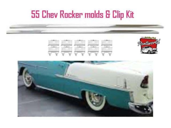 55 Chev Rocker panel molding set wtih clips – Pontiworld